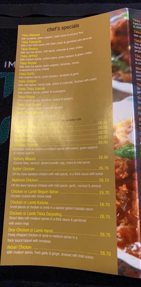 Menu at Chutney restaurant, Sheffield