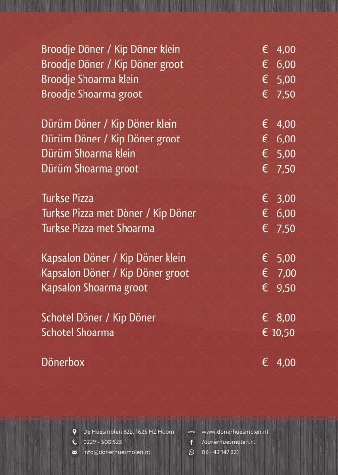 Menu at Döner huesmolen, Hoorn