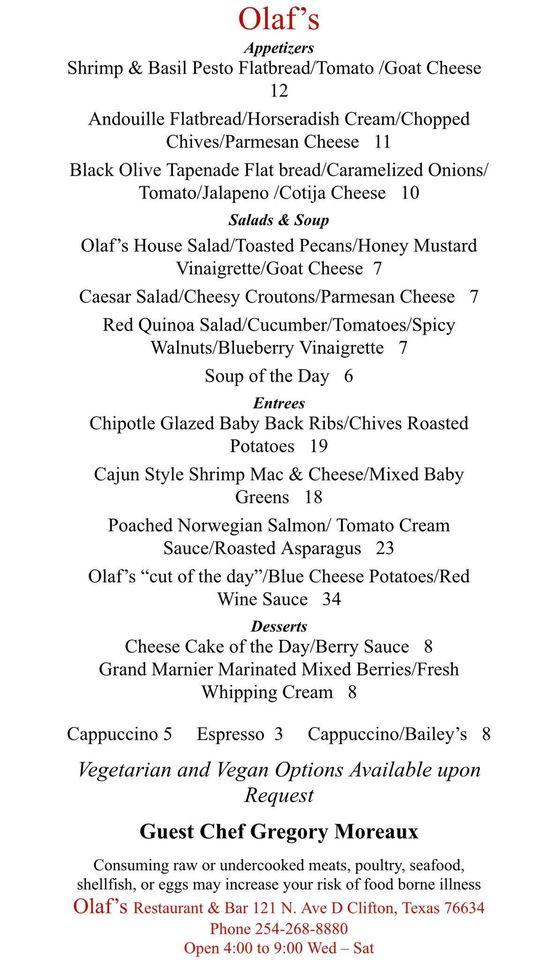 Menu at Olaf's Restaurant and Bar, Clifton