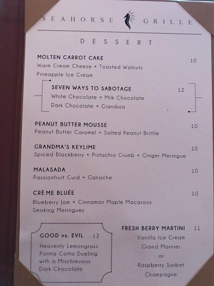 Menu at Seahorse Grill restaurant, Ponte Vedra Beach, 261 Ponte Vedra Blvd