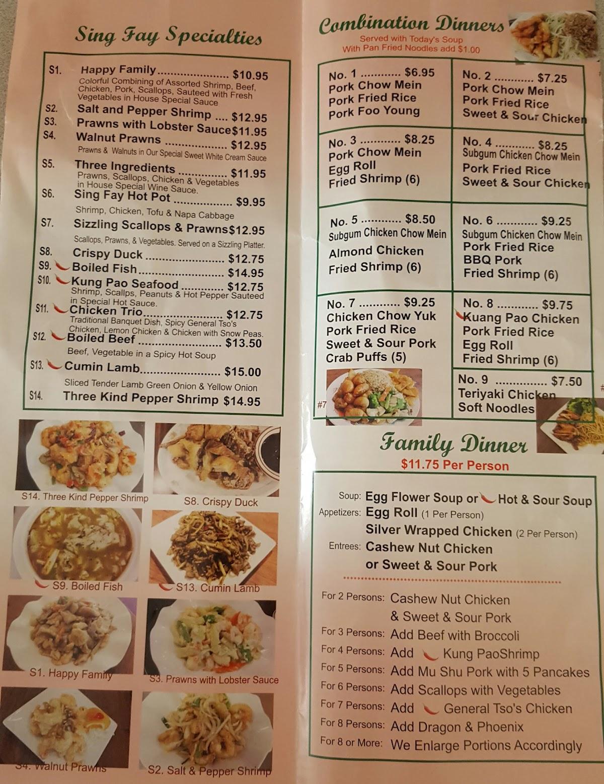 Menu at Sing Fay Restaurant, Monmouth