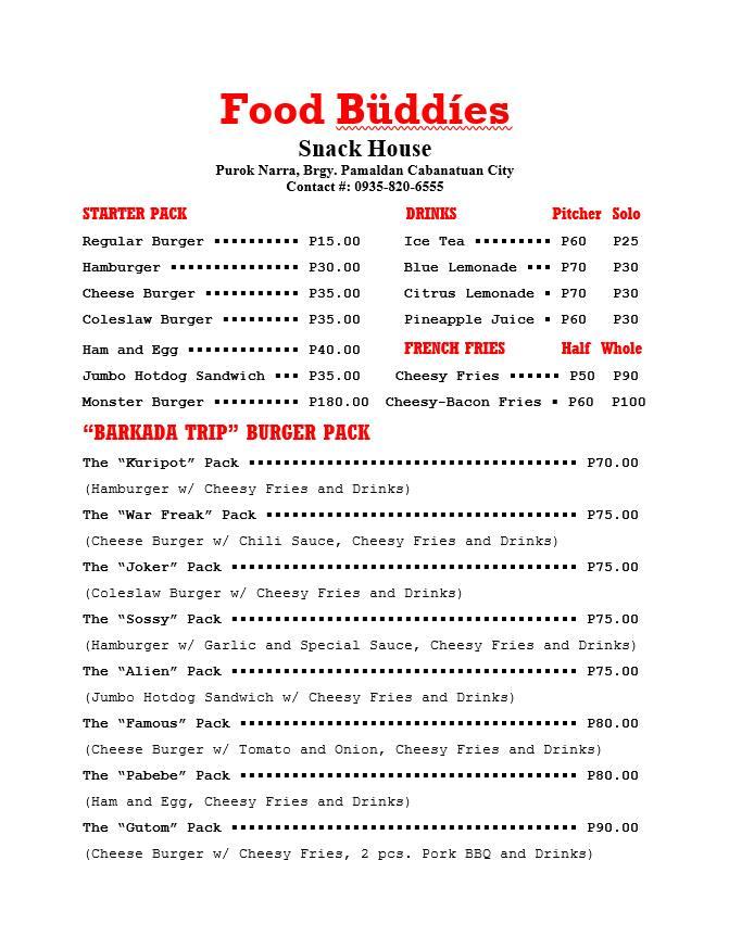 Menu at Sip and Snack House restaurant, Cabanatuan City
