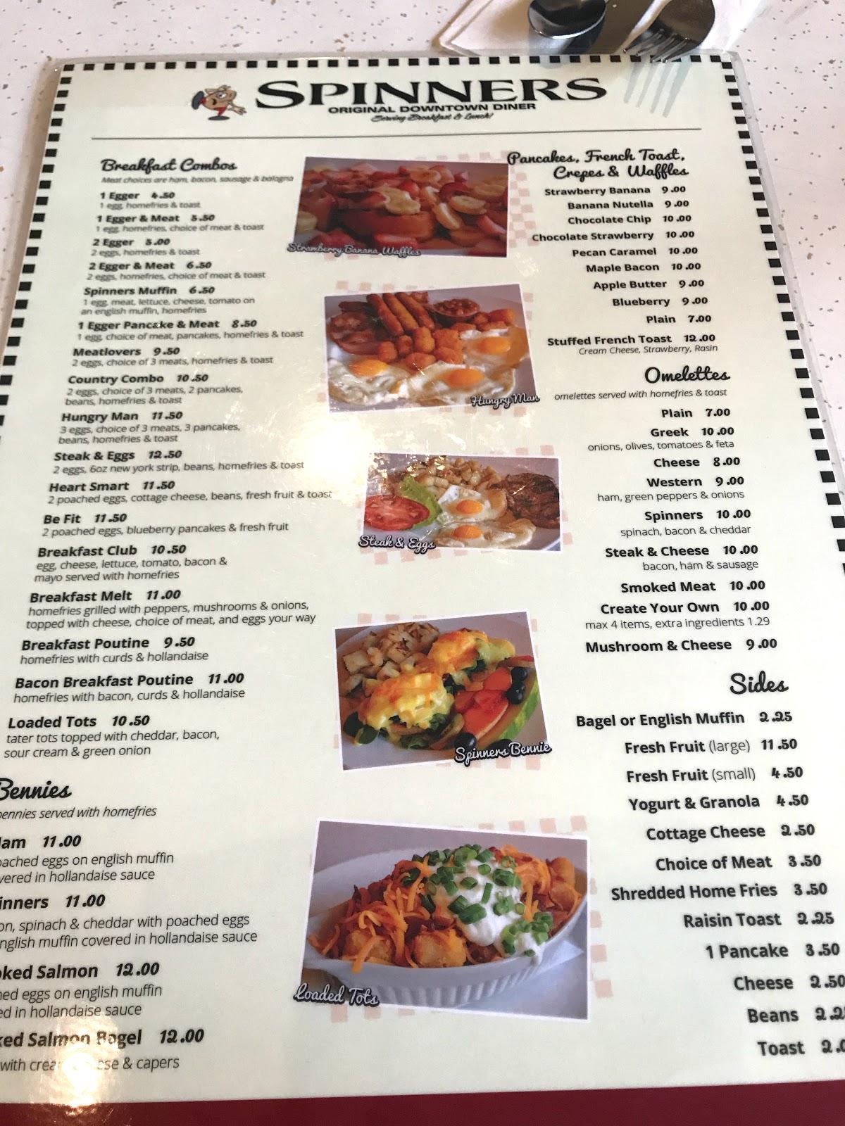 Menu at Spinners Diner restaurant, Cornwall