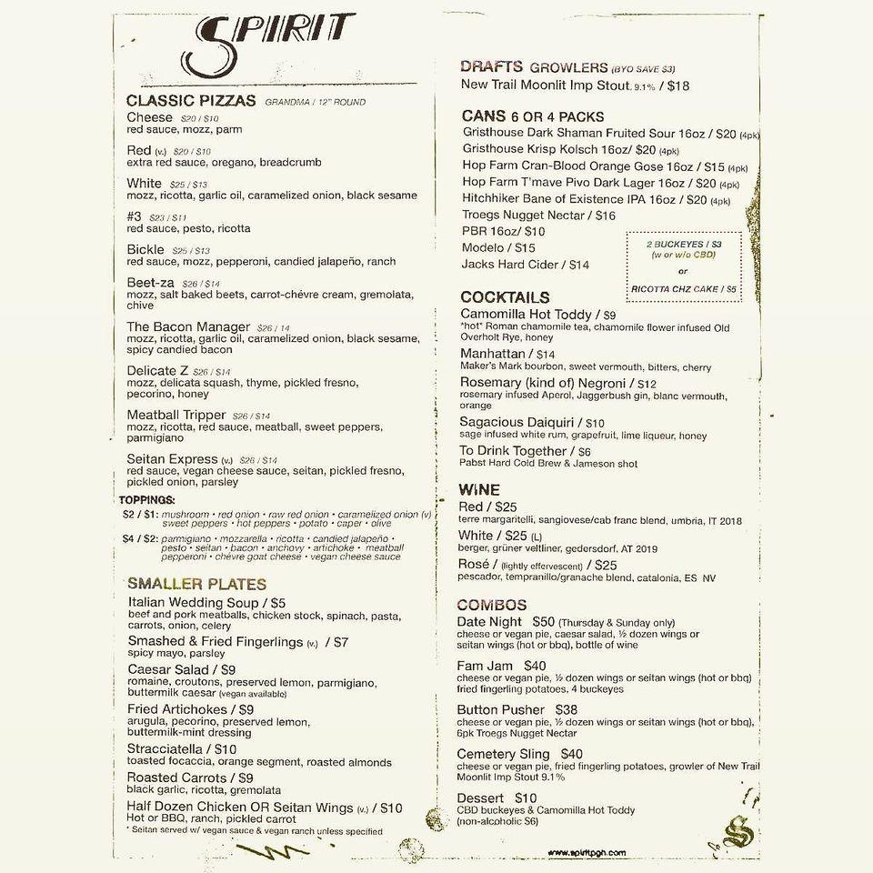 Menu at Spirit pub & bar, Pittsburgh