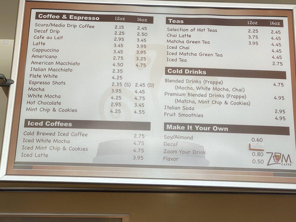 Menu at ZoomCaffe cafe, Redwood City, Stanford University
