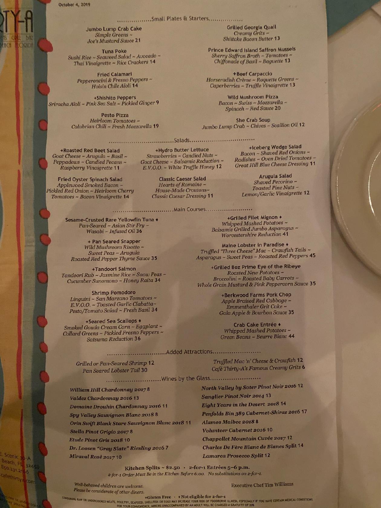 Menu at Cafe Thirty-A, Seagrove Beach, E County Hwy 30A