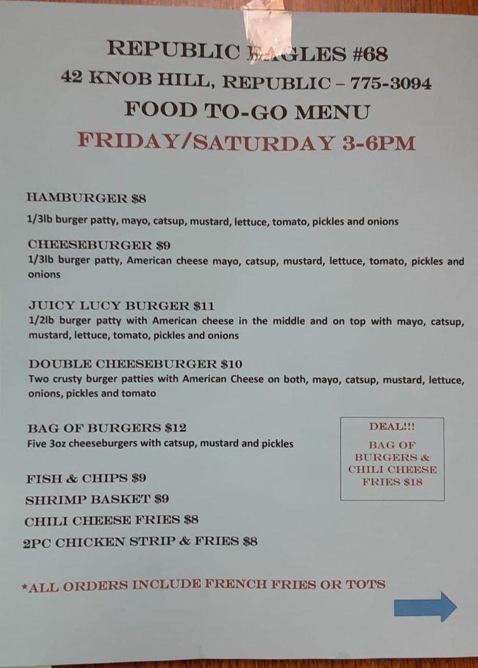 Menu at Fraternal Order of Eagle's #68 Republic, Wa, Republic