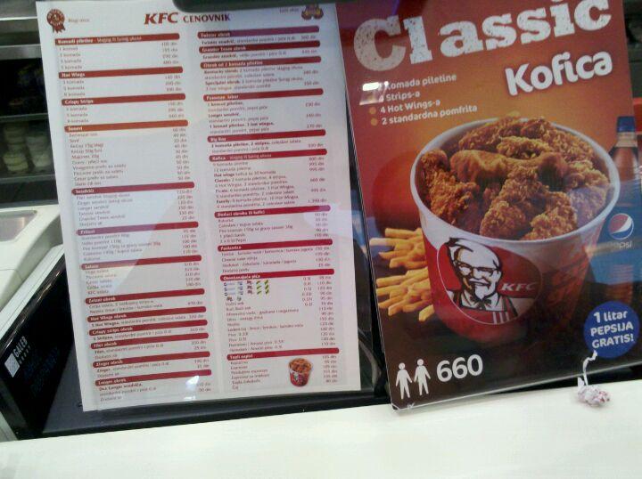Menu at KFC USCE Shopping Center restaurant, Belgrade, Bulevar Mihajla ...