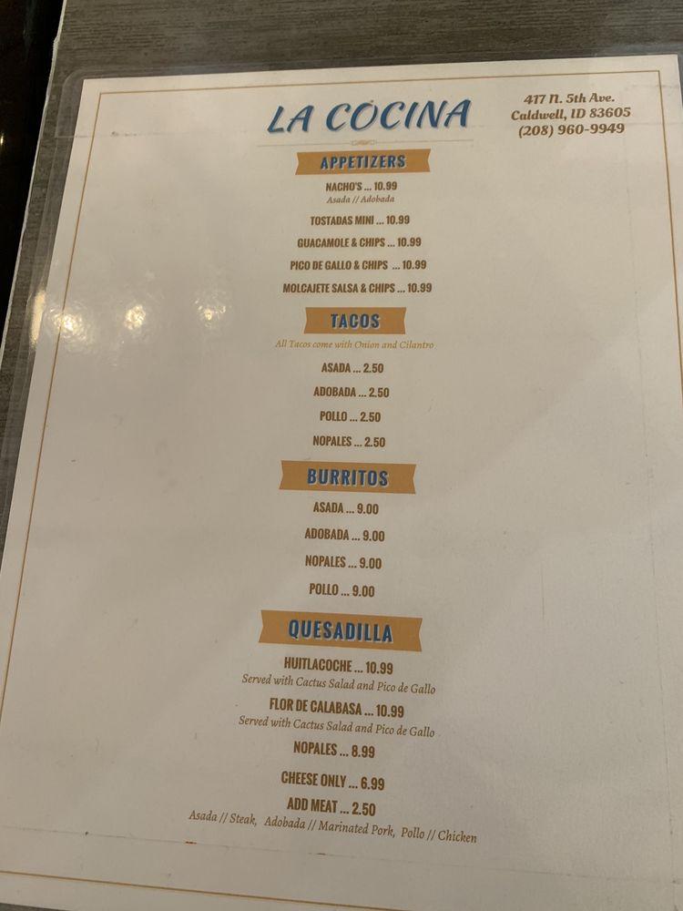 Menu at La Cocina restaurant, Caldwell
