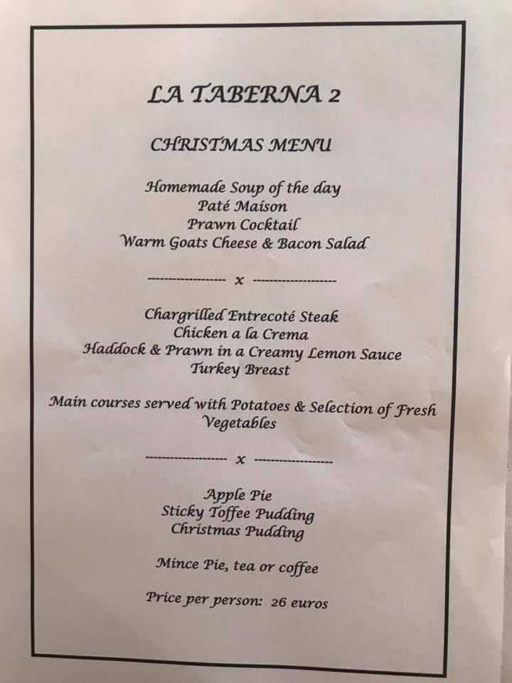 Menu at La Taberna 2 restaurant, La Chullera