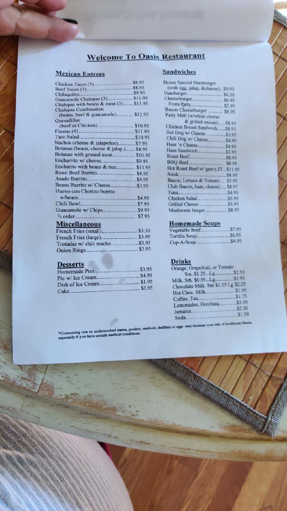 Menu at Oasis Restaurant, Presidio, Erma Ave