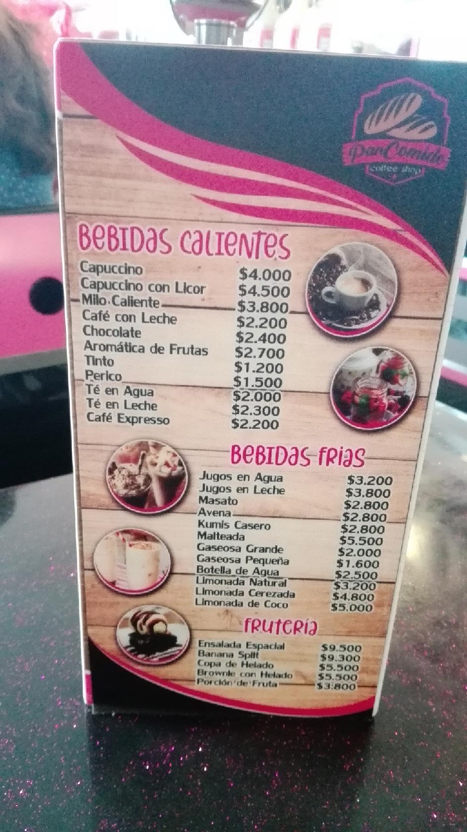 Menu at PAN COMIDO Coffee Shop cafeteria, Bogotá