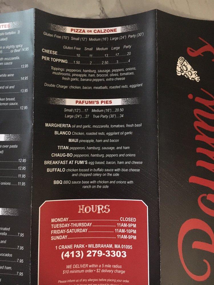 Menu at Pafumi's on main pizzeria, Wilbraham