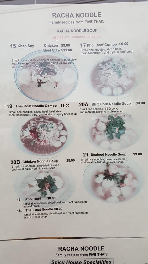 Menu at Racha Noodle restaurant, Redding