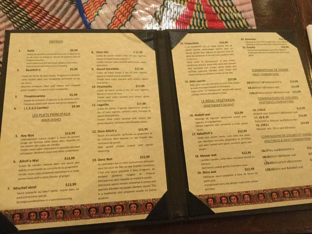 Menu at Restaurant Queen Sheba, Montreal