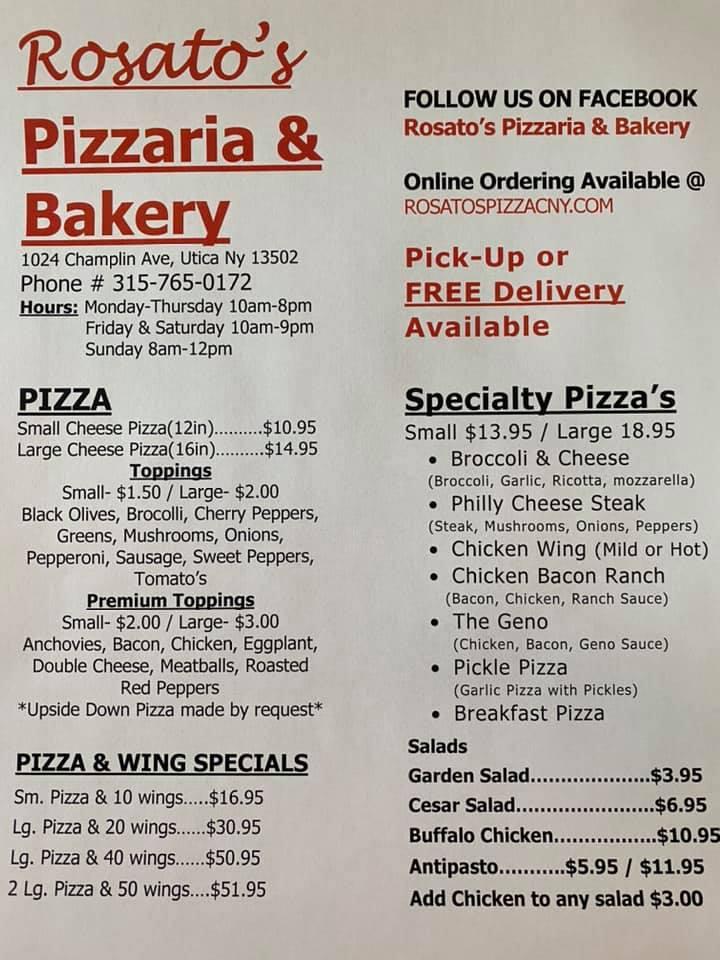 Menu at Rosato’s Pizzeria & Bakery, Utica