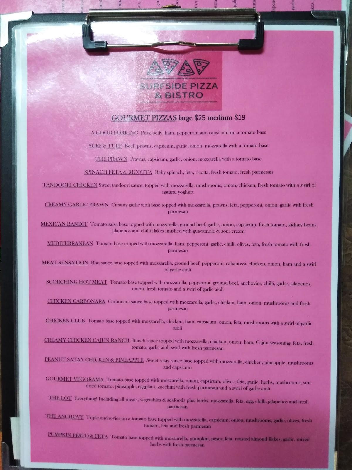 Menu at Surfside Bistro & Pizza restaurant, Mylestom