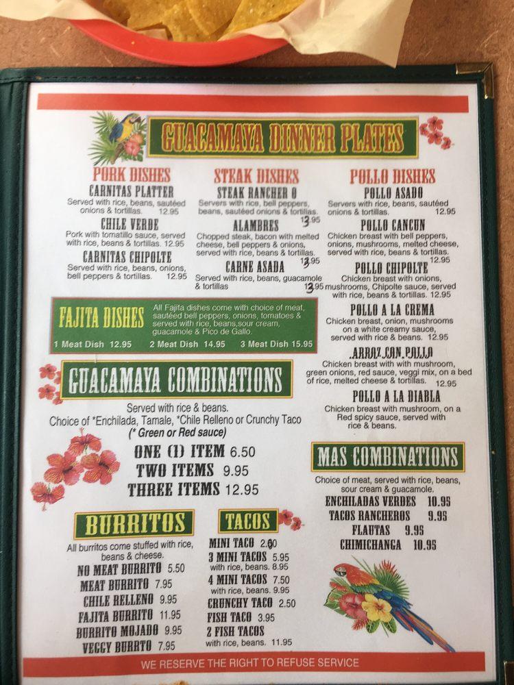 Menu at Taqueria La Guacamaya restaurant, Rogue River, Rogue River Hwy