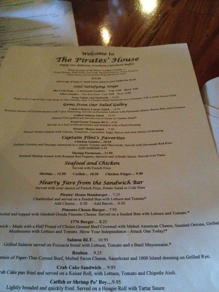 Menu at The Pirates' House restaurant, Savannah