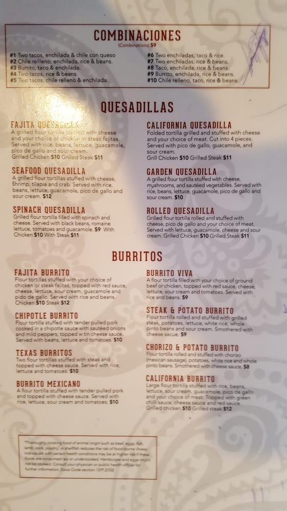 Menu at Viva Mexican Restaurant, Des Moines, Grand Ave