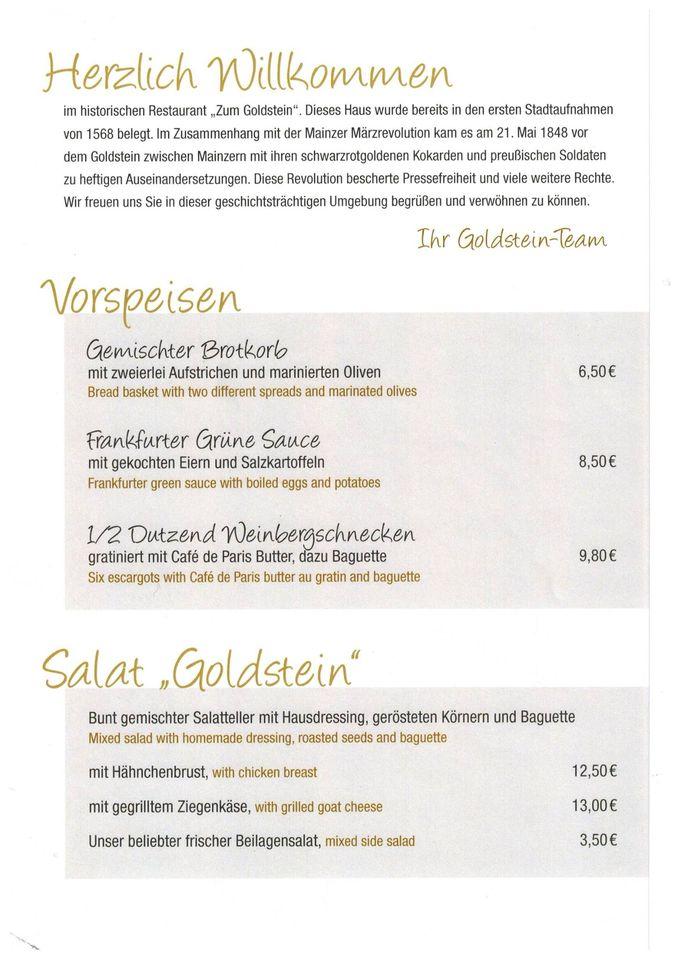 Speisekarte von Zum Goldstein restaurant, Mainz, Kartäuserstr. 3