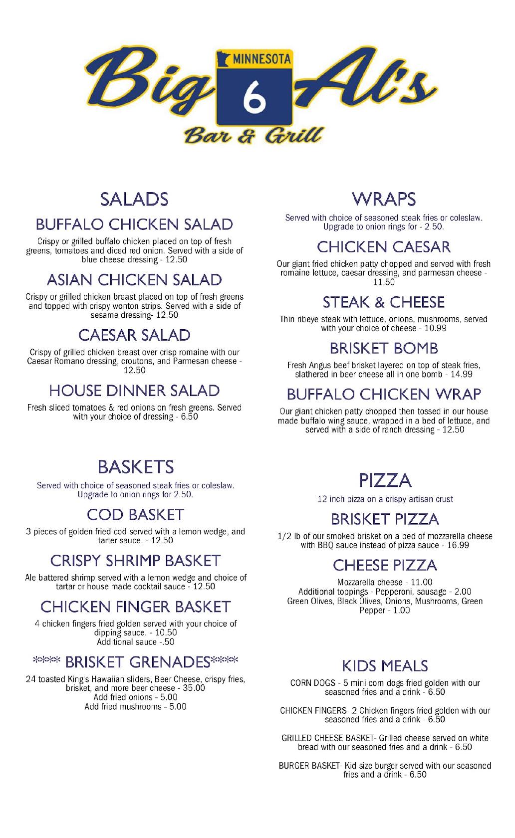Menu at Big Al's Bar and Grill, USA