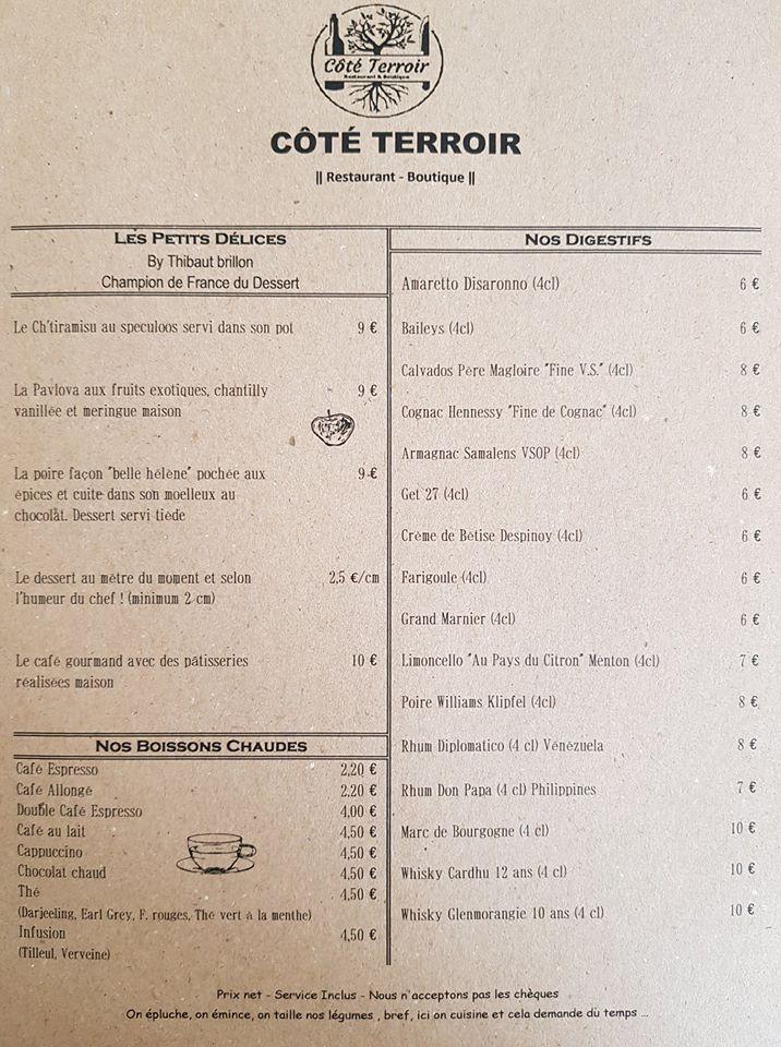 Menu at Côté Terroir restaurant, Antibes