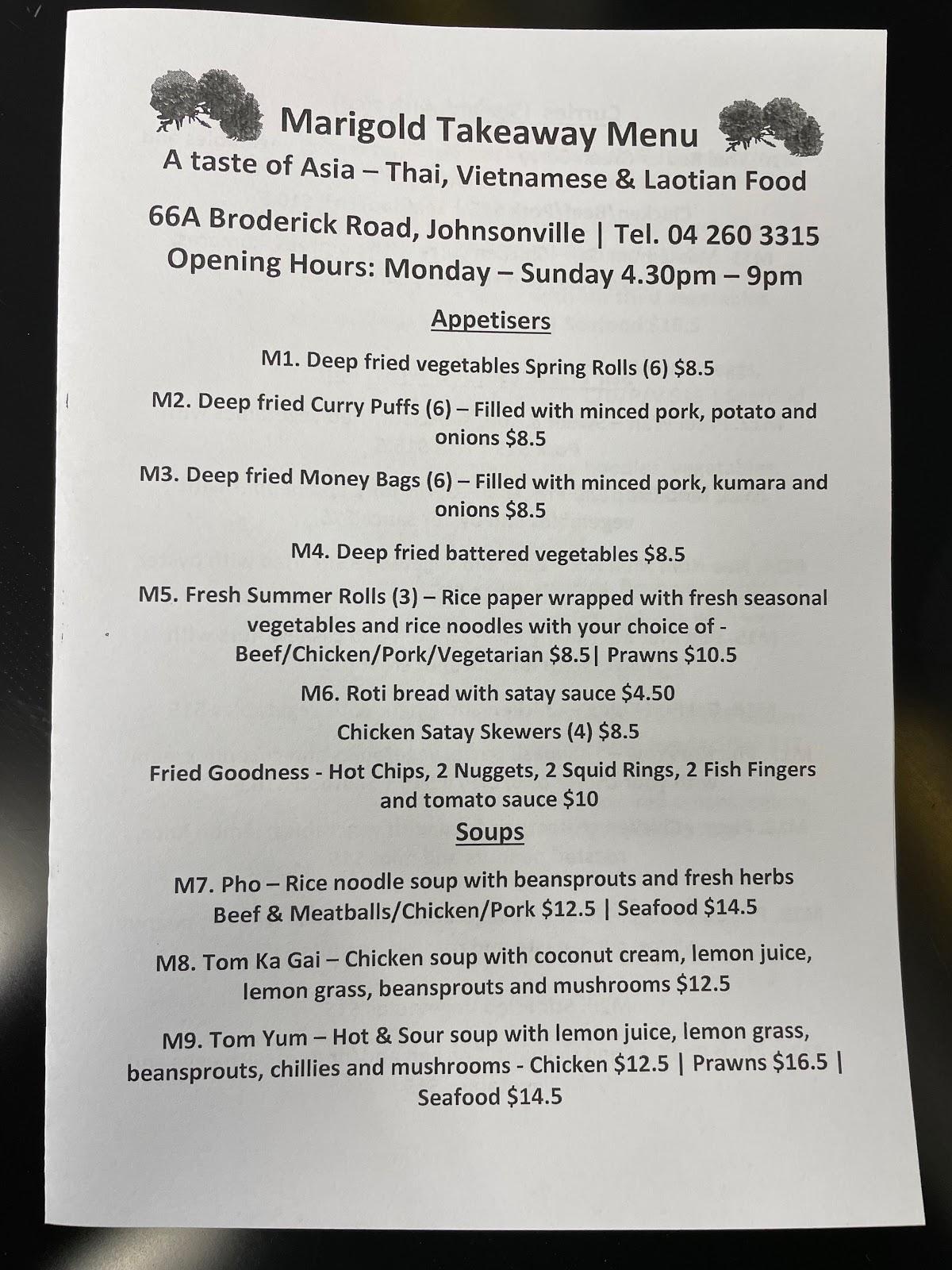 Menu at Marigold Takeaway restaurant, Wellington