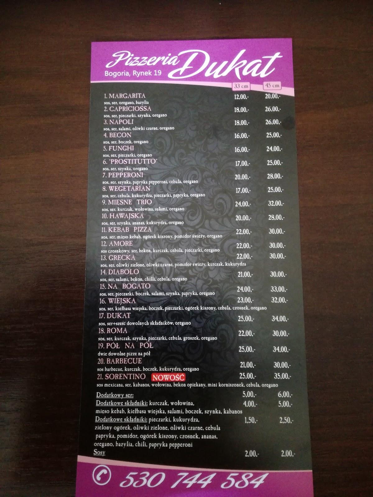 Menu at Pizzeria "Dukat", Poland