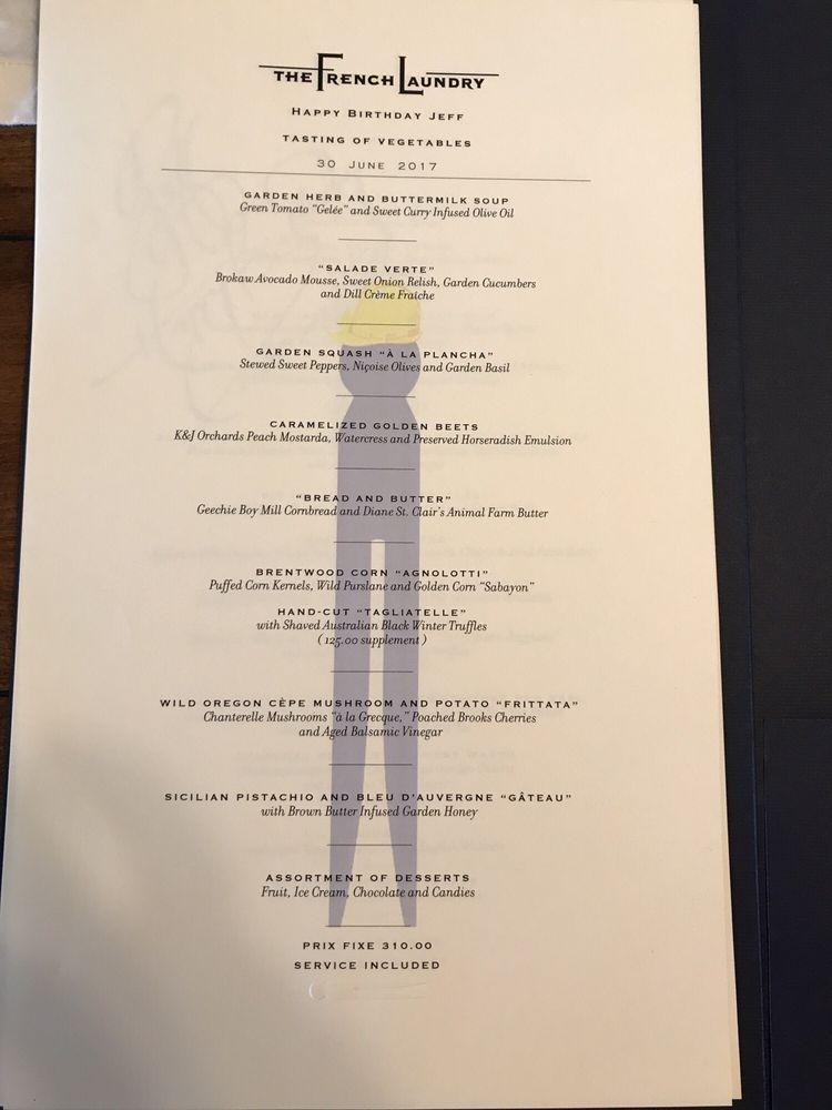 Menu at The French Laundry restaurant, Yountville