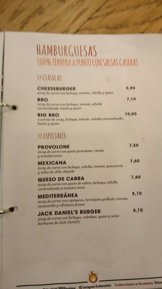 Menu at BRO Room restaurant, Barcelona