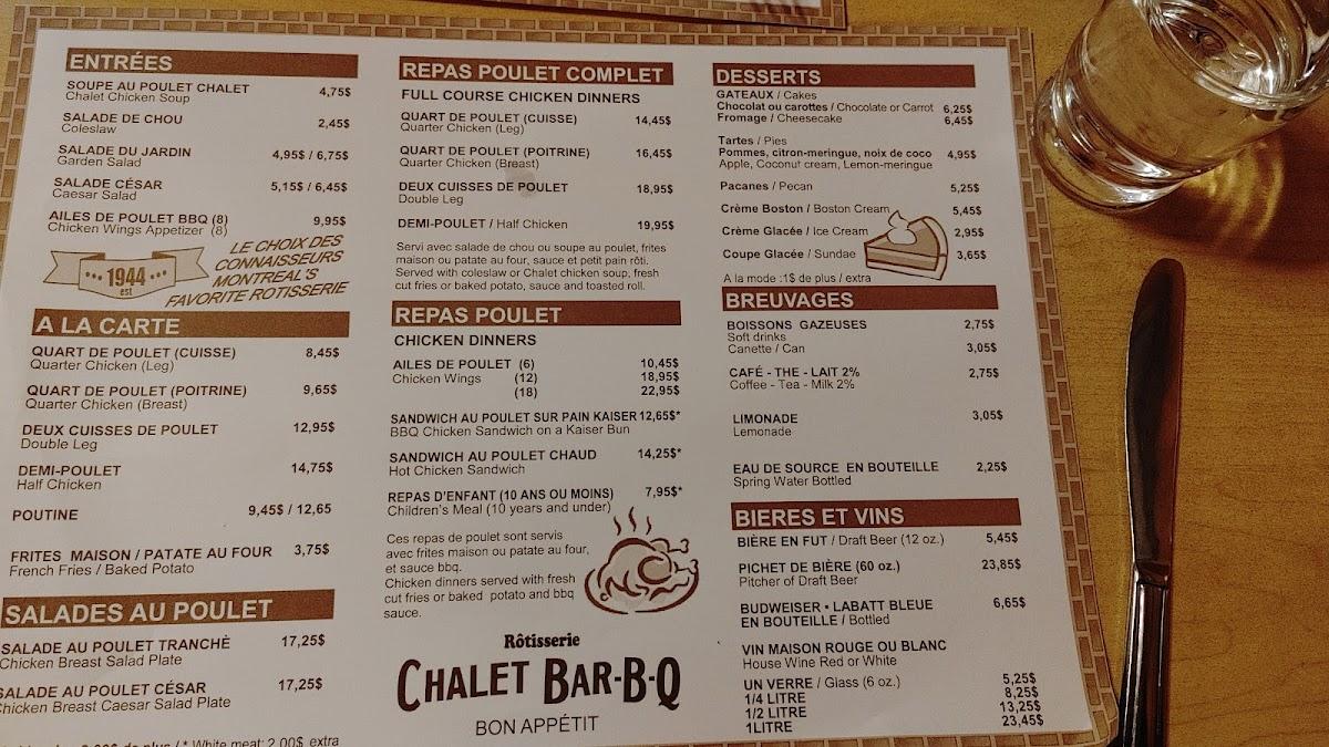 Menu au Chalet Bar-B-Q, Montréal