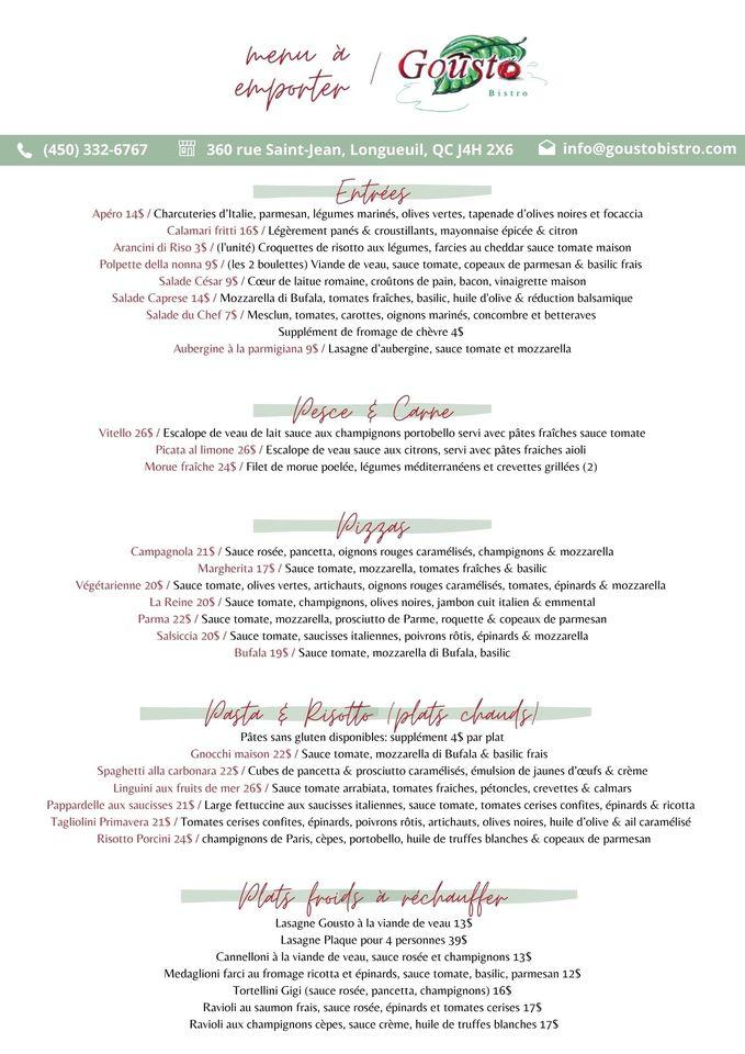 Menu at Gousto Bistro restaurant, Longueuil