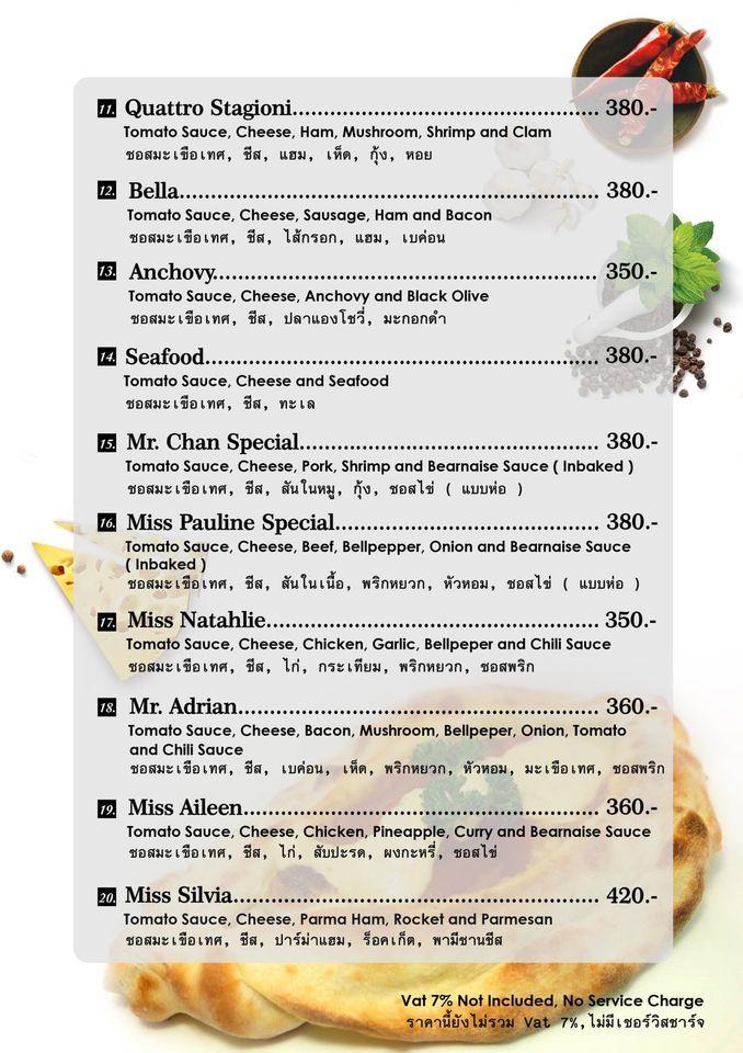 Carta de Mr.Chan & Miss Pauline Pizzeria Restaurant, Hang Dong