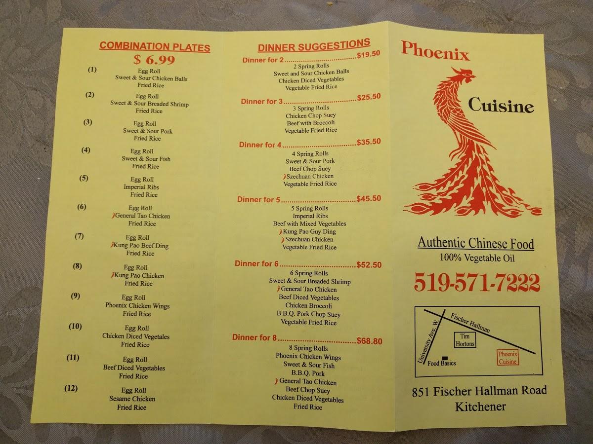Menu at Phoenix Cuisine restaurant, Kitchener