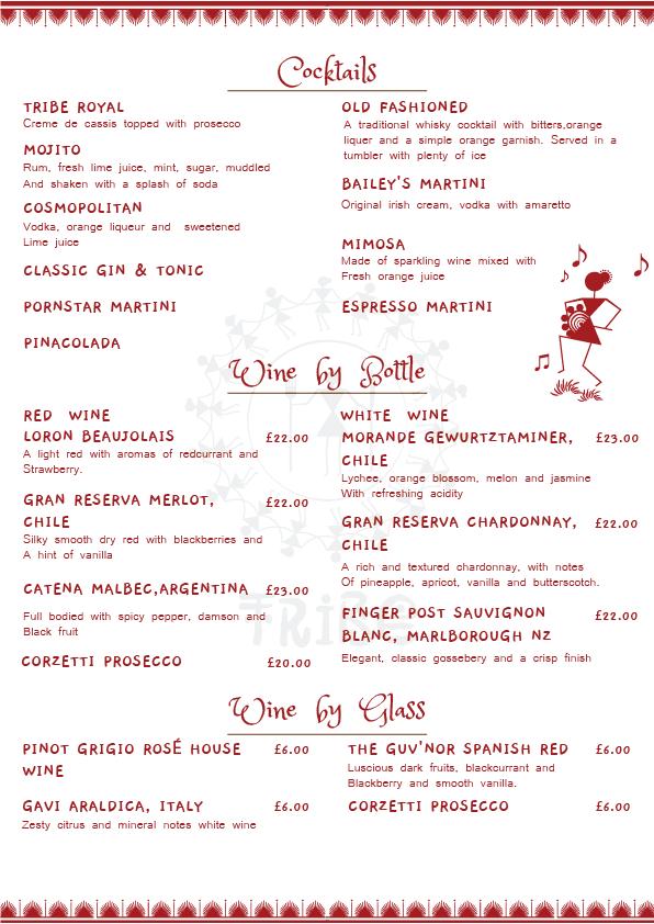 Menu at Tribe restaurant, Oxford