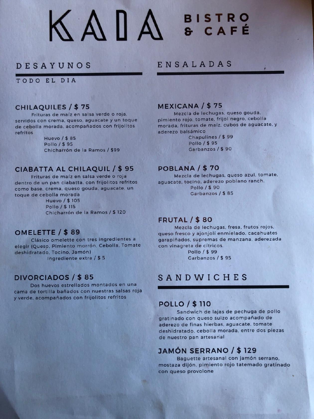 Menu at KAIA BISTRO & CAFE, Monterrey