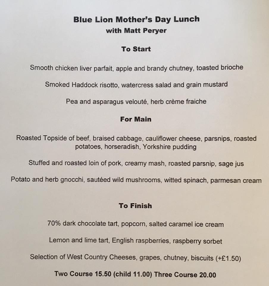 Menu at Blue Lion Inn pub & bar, Lewdown