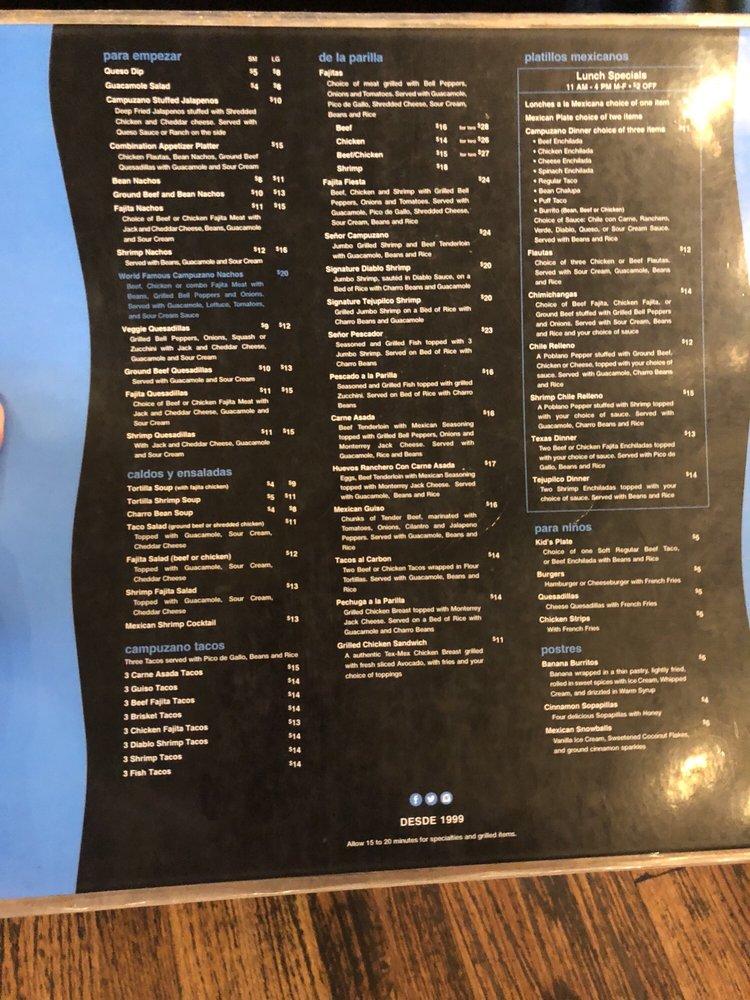 Menu at Campuzano Fine Mexican Food pub & bar, Midlothian, 108 N 8th St