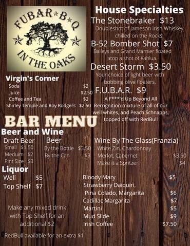 Menu at FuBAR-B-Q, Bodfish