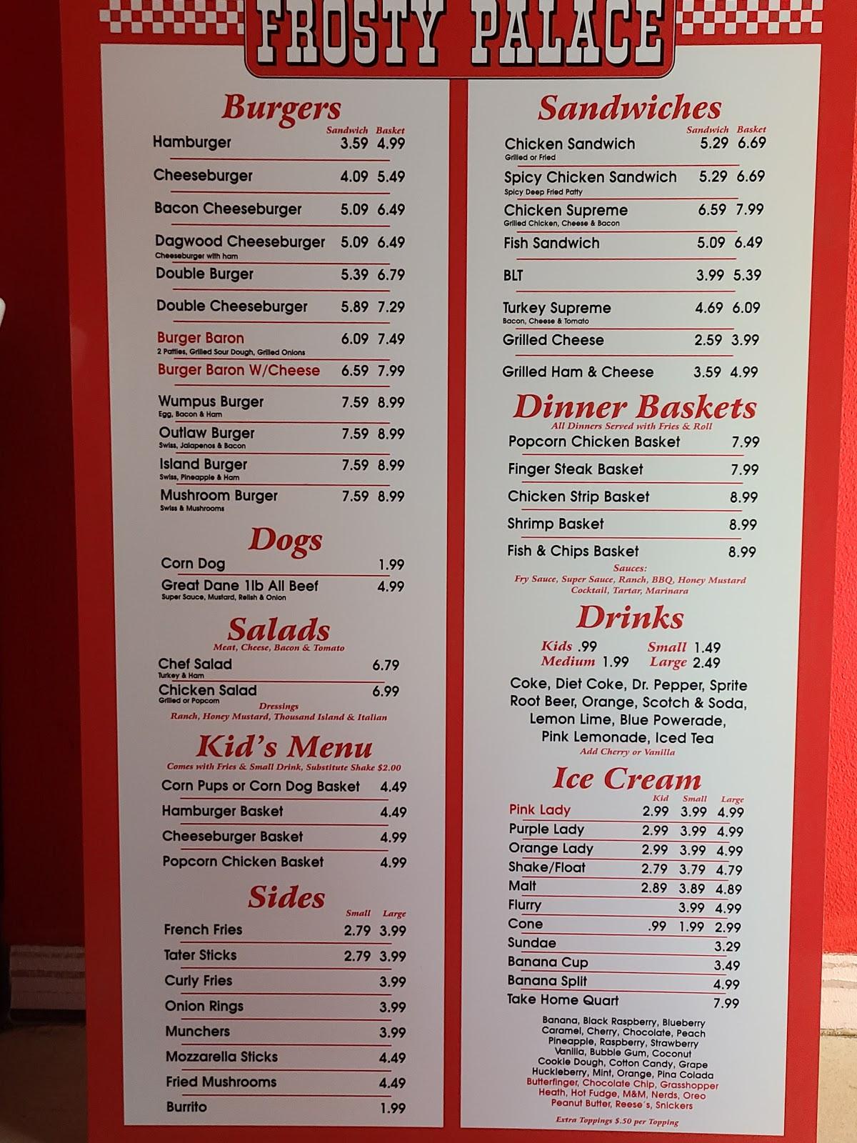 Menu at Frosty Palace restaurant, Homedale