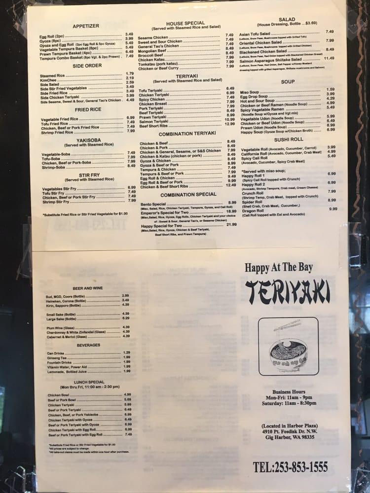Menu at Happy at the Bay Teriyaki restaurant, Gig Harbor