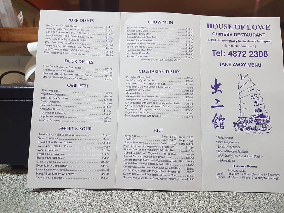 Menu at House of Lowe restaurant, Mittagong