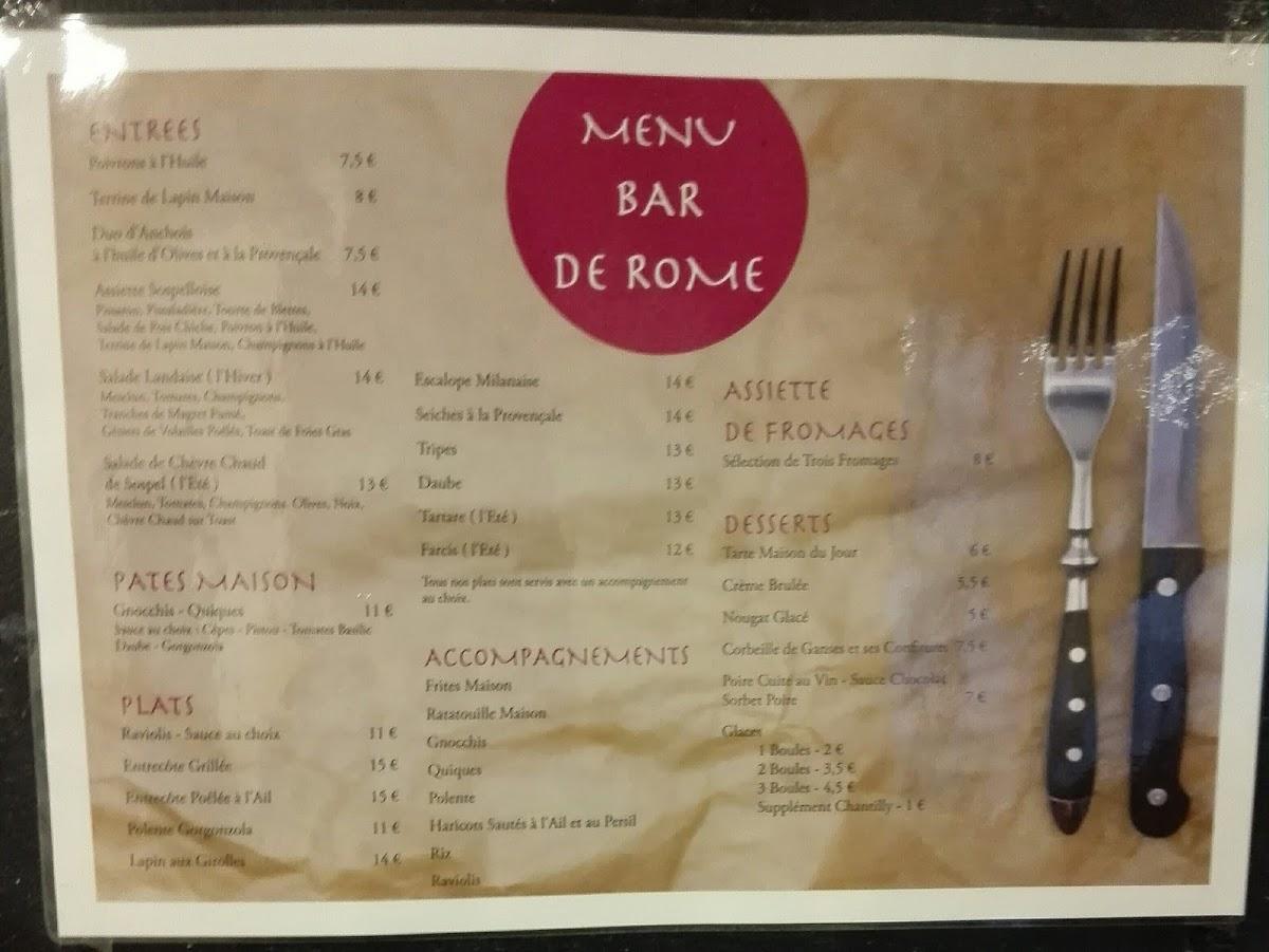Menu au Le Bar de Rome, Sospel
