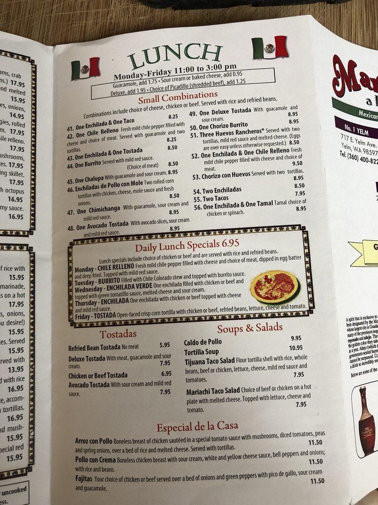 Menu at Mariachi Alegre restaurant, Rochester