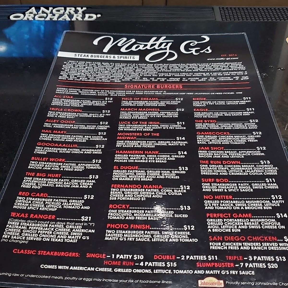 Menu at Matty Gs Steakburgers restaurant, Flagstaff