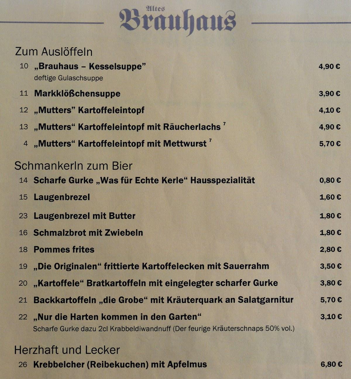 Menu at Altes Brauhaus restaurant, Koblenz