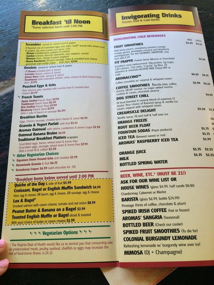 Menu at Aromas Coffeehouse Bakery & Cafe, Williamsburg