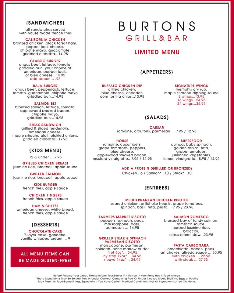 Menu at Burtons Grill & Bar of Nashua, Nashua
