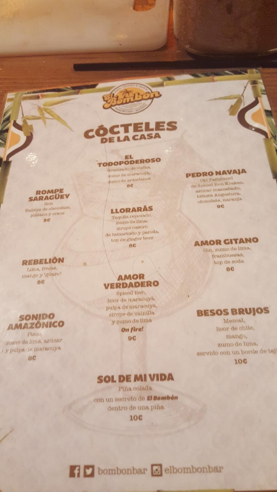 Carta del pub y bar El Bombón, Barcelona